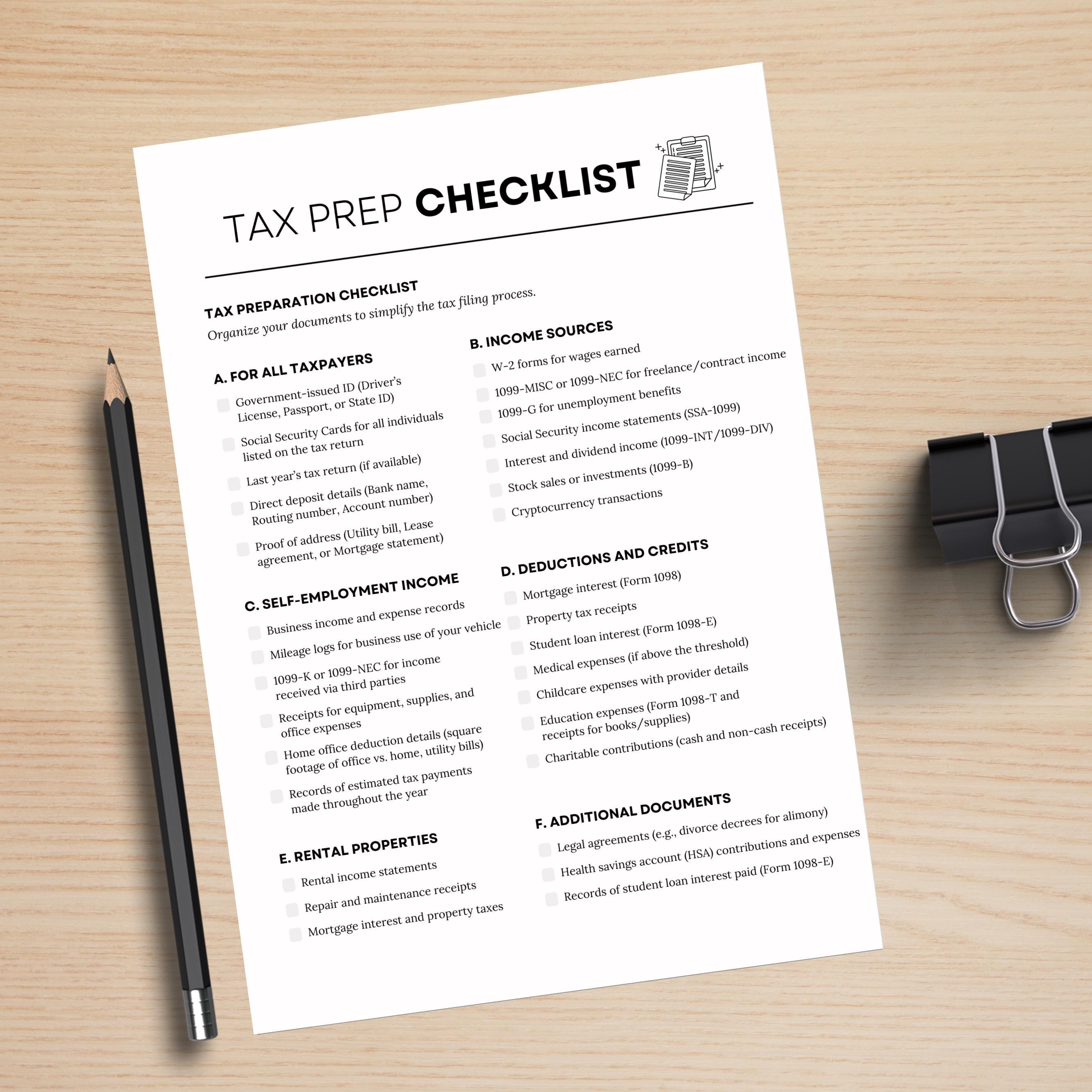 Tax Prep Checklist, Tax Checklist, Tax Organizer, Tax Preparation ...