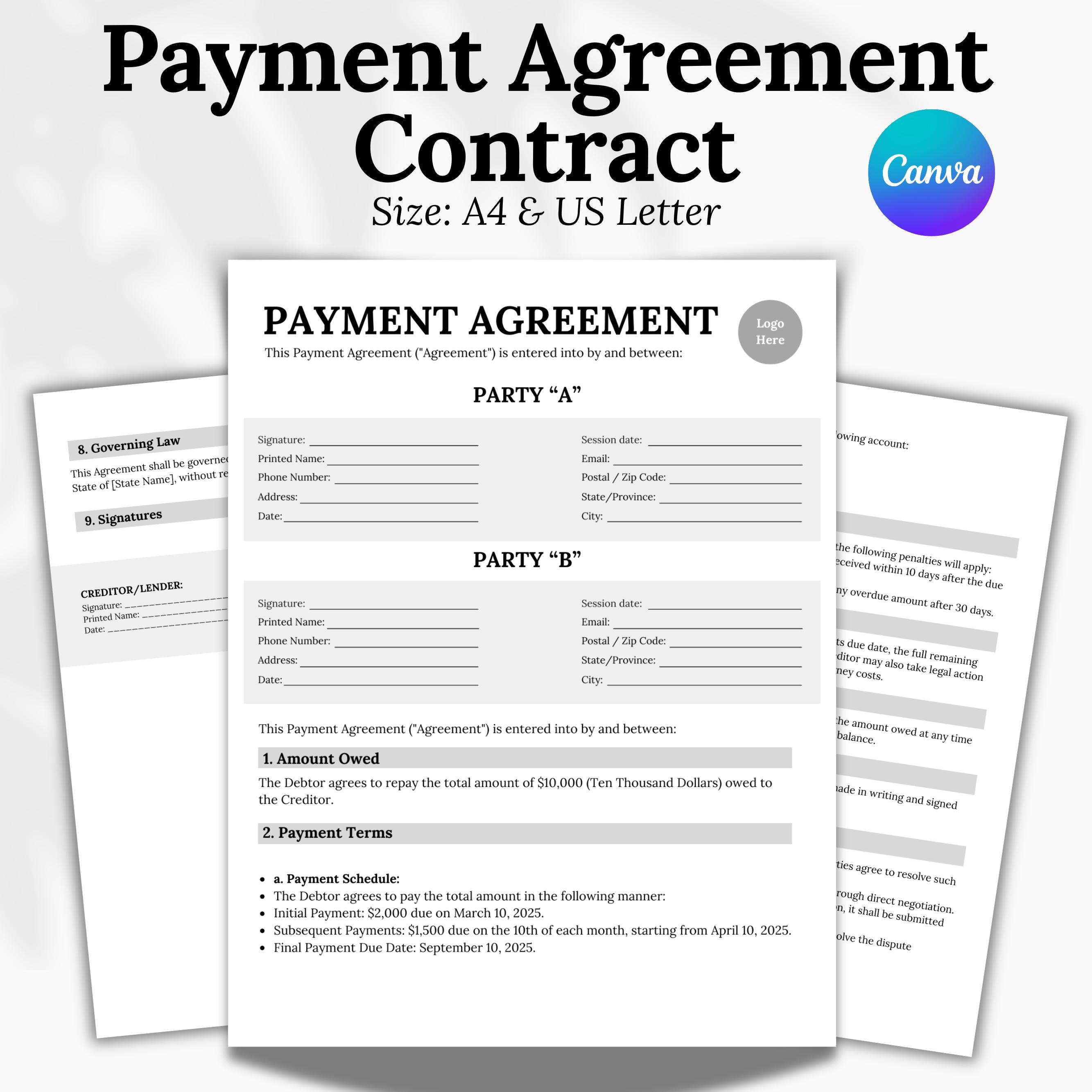 Payment Agreement Contract Template, Agreement Template, Payment ...