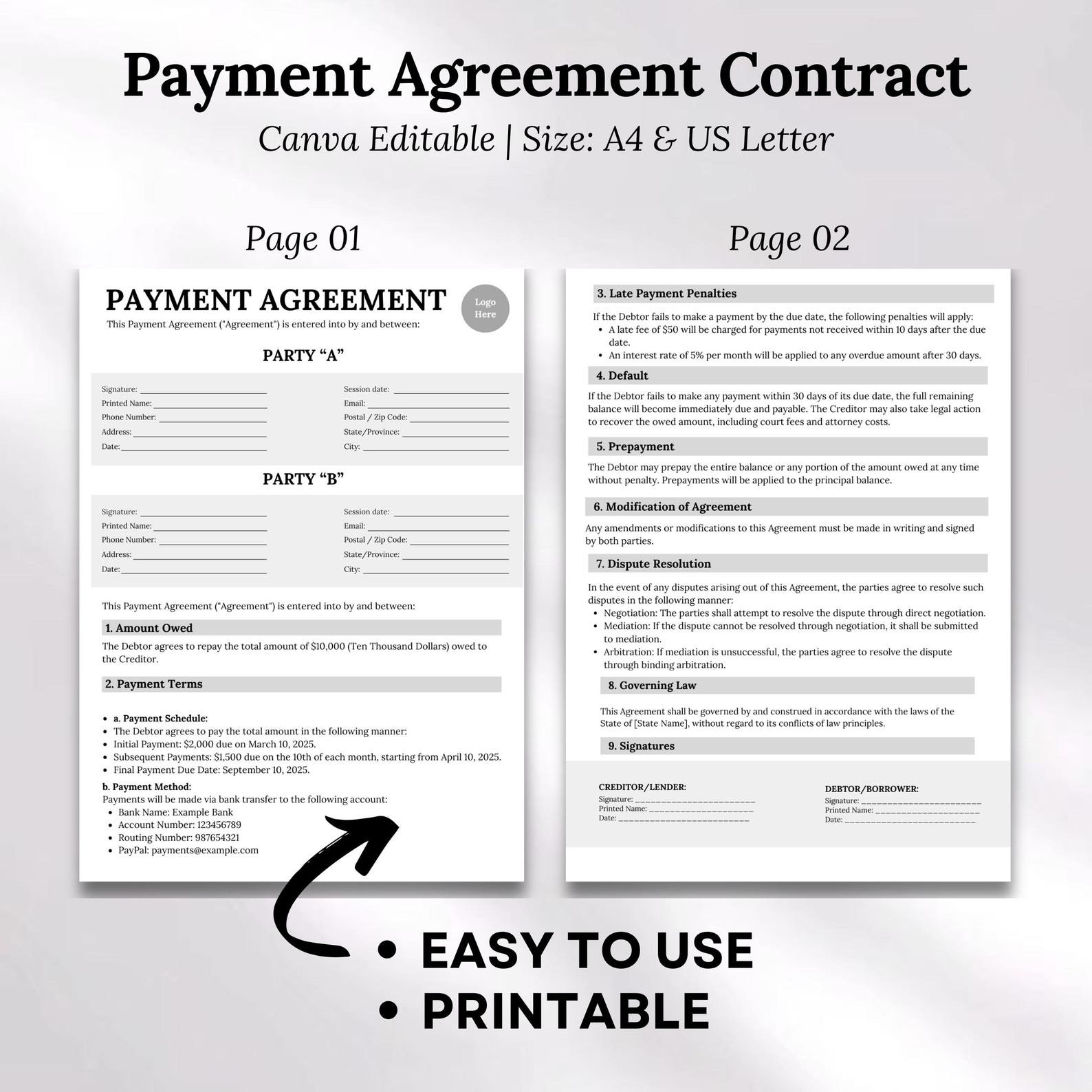 Payment Agreement Contract Template, Agreement Template, Payment ...
