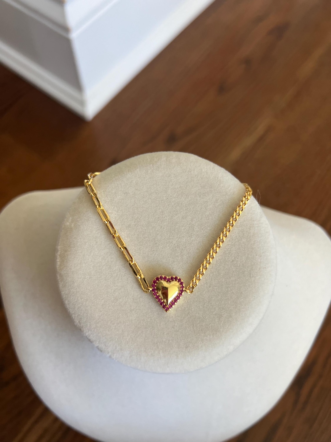 Paperclip Chain Heart Bracelet: Gold & Pink Crystal - Etsy