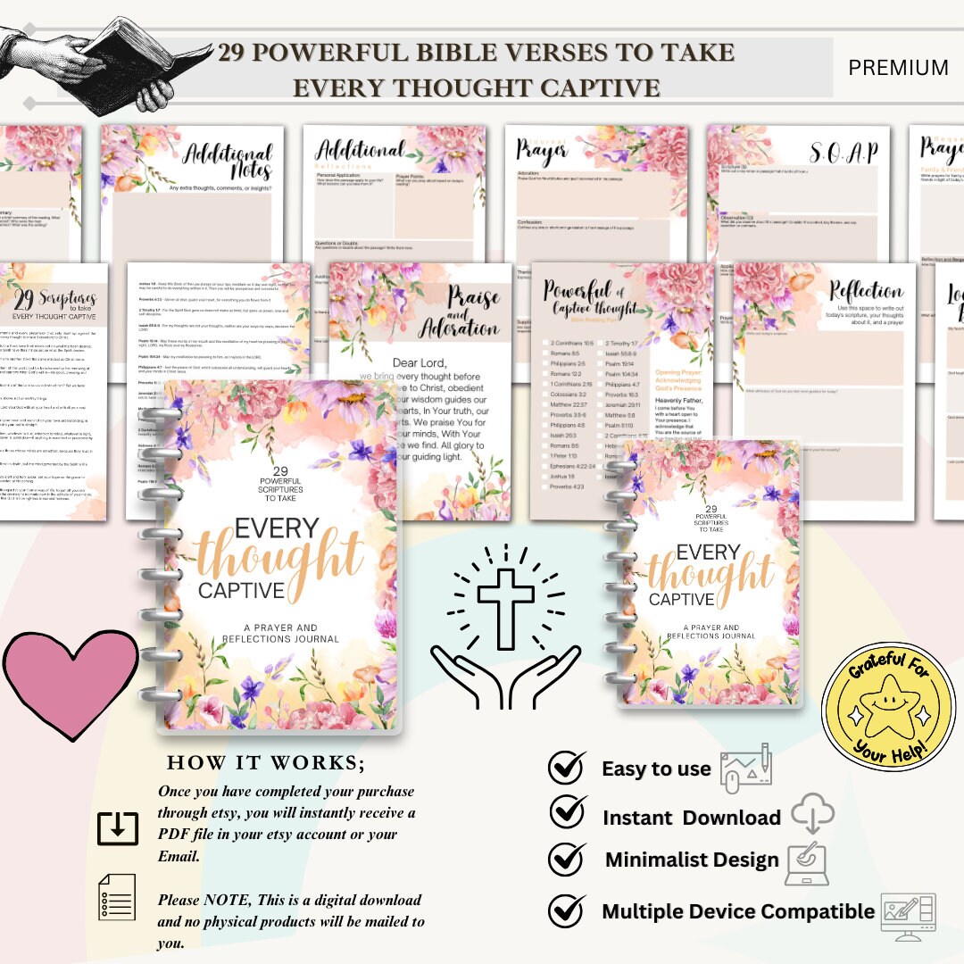 Bible Verses Reflection Journal, Prayer Notebook, Thought Captive Diary ...