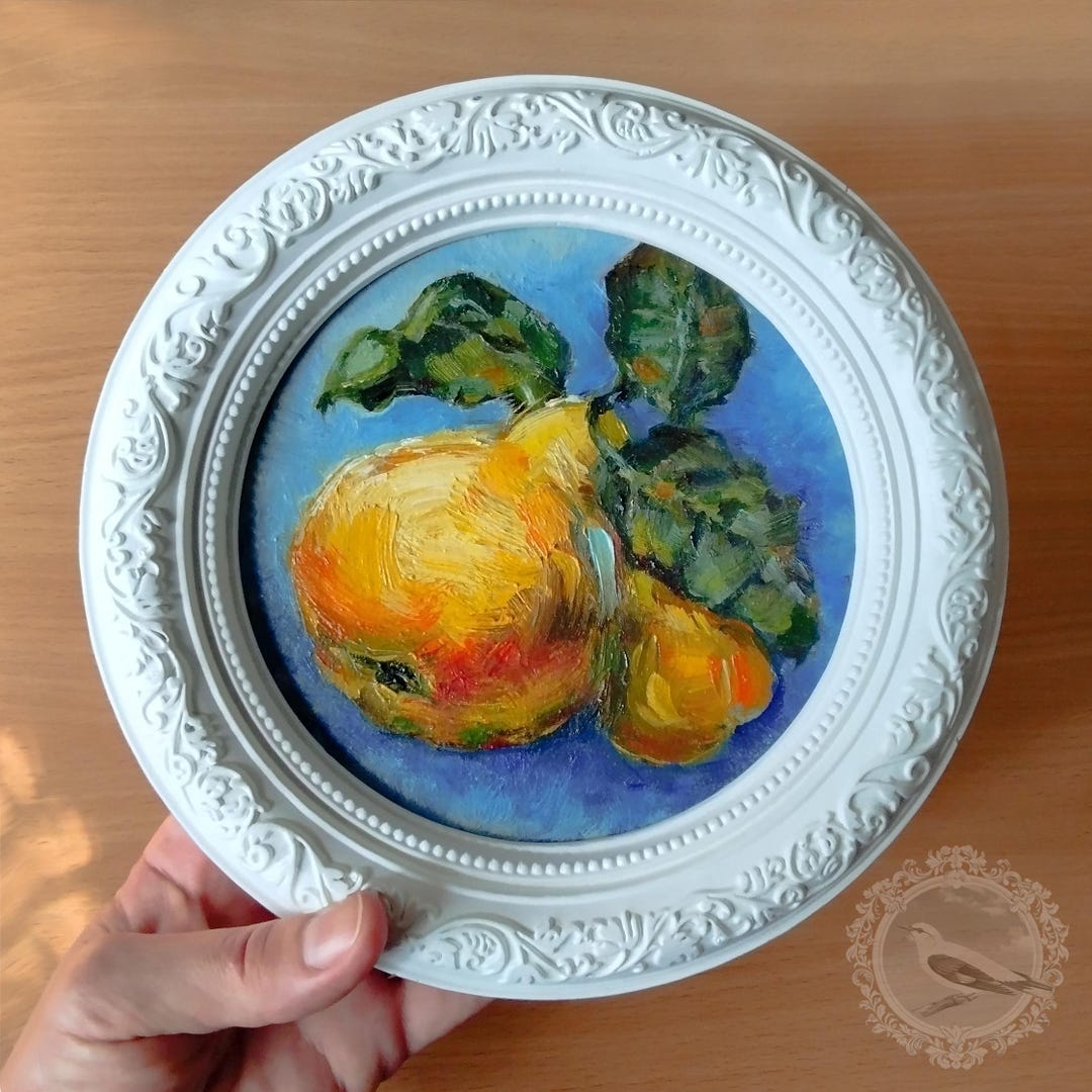 Pears Oil Painting in a Circle Frame White Ornate Frame Circle Wall Art ...