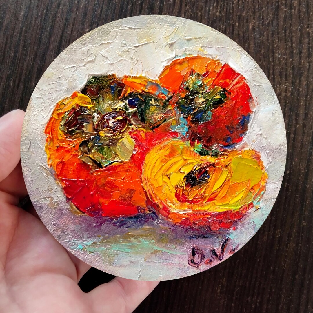 Persimmon Art Round Oil Painting Small Round Art Small Wall Decor Fruit ...