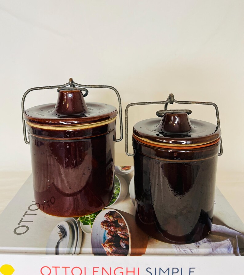 Set of 2 Vintage Brown Stoneware Crocks Rustic Wire Clasps, Country ...