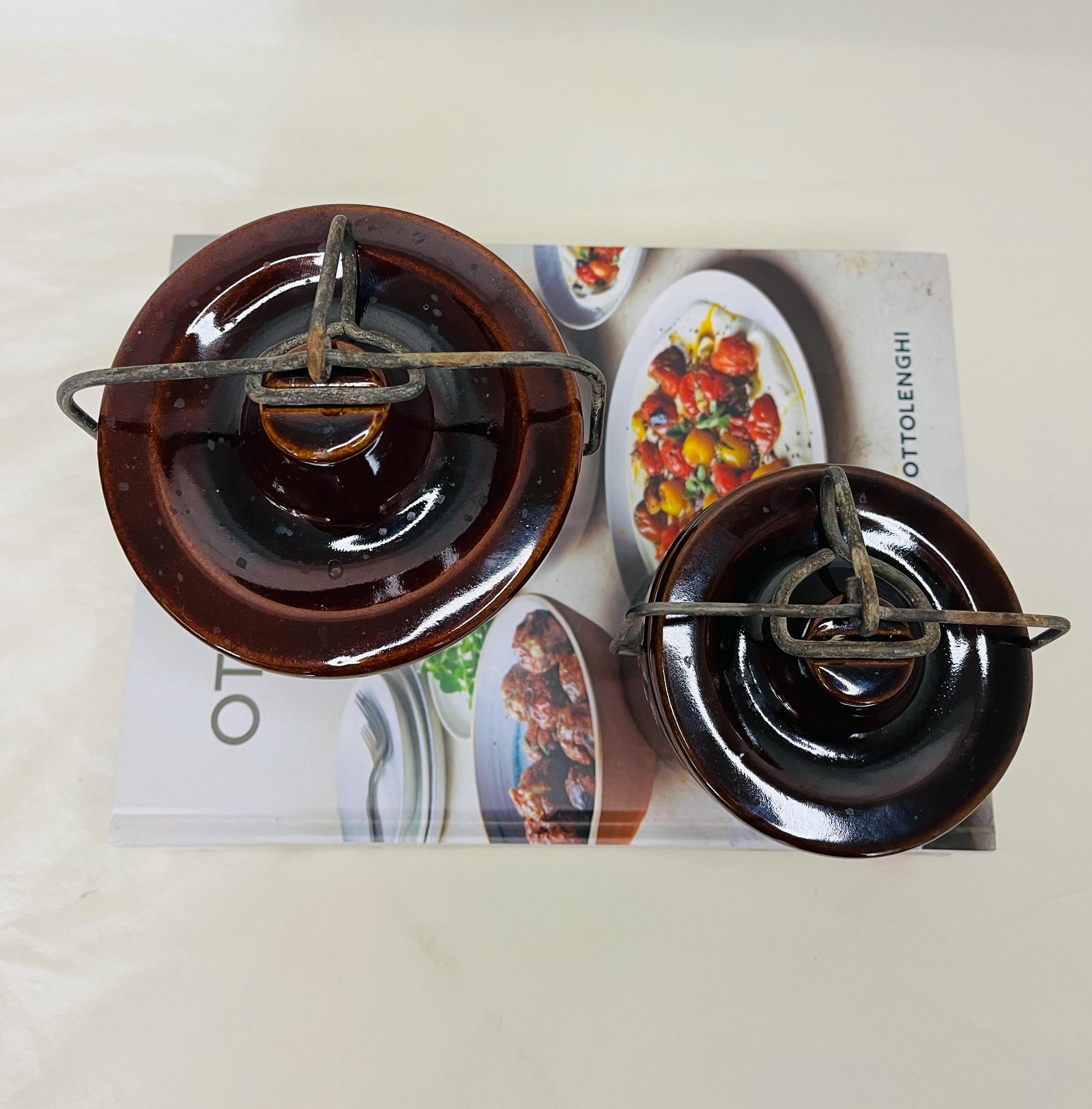 Set of 2 Vintage Brown Stoneware Crocks Rustic Wire Clasps, Country ...