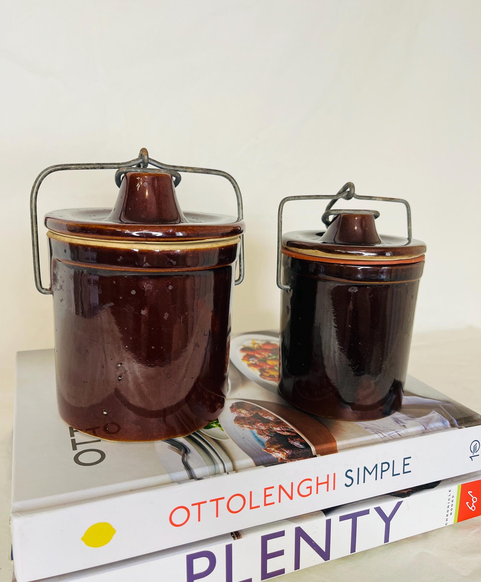 Set of 2 Vintage Brown Stoneware Crocks Rustic Wire Clasps, Country ...