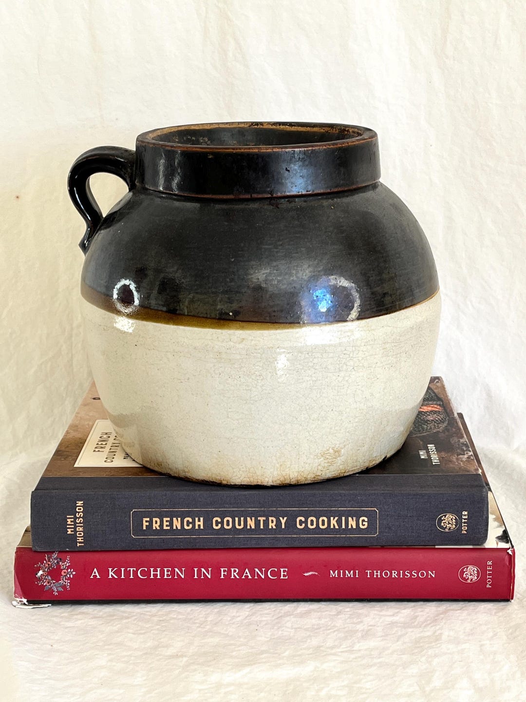 Vintage Two-tone Stoneware Crock Four Quart With Handle Beige and Brown ...
