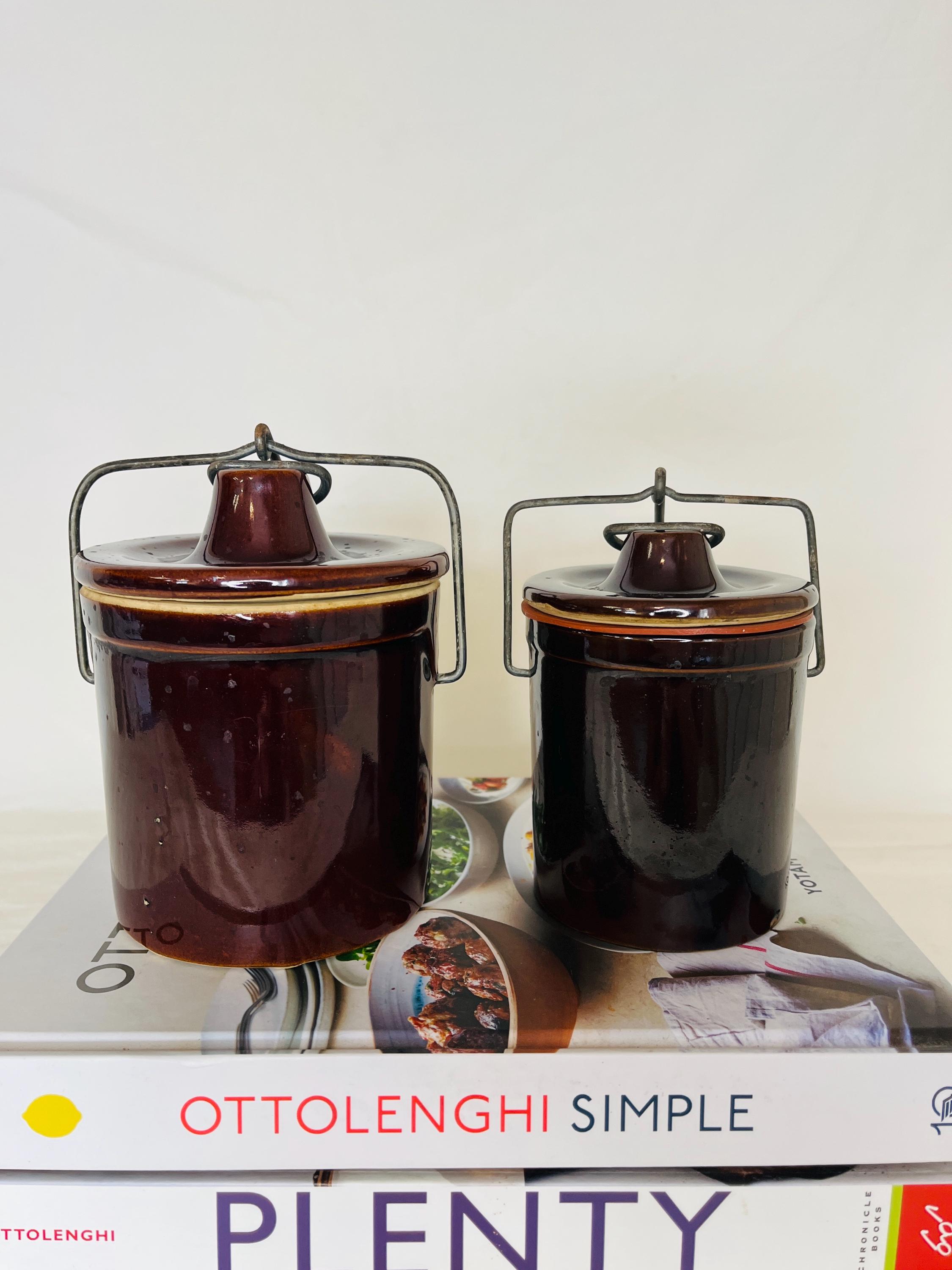 Set of 2 Vintage Brown Stoneware Crocks Rustic Wire Clasps, Country ...