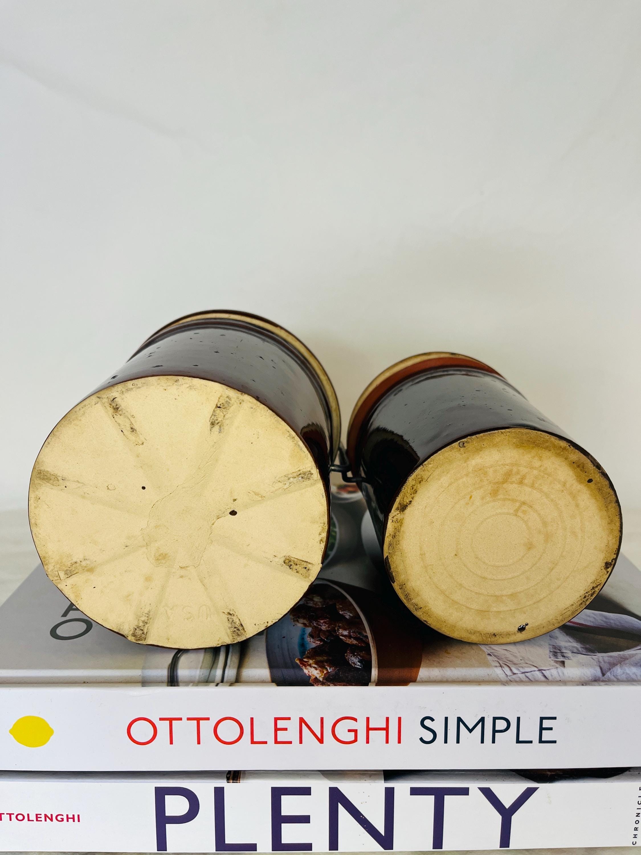 Set of 2 Vintage Brown Stoneware Crocks Rustic Wire Clasps, Country ...