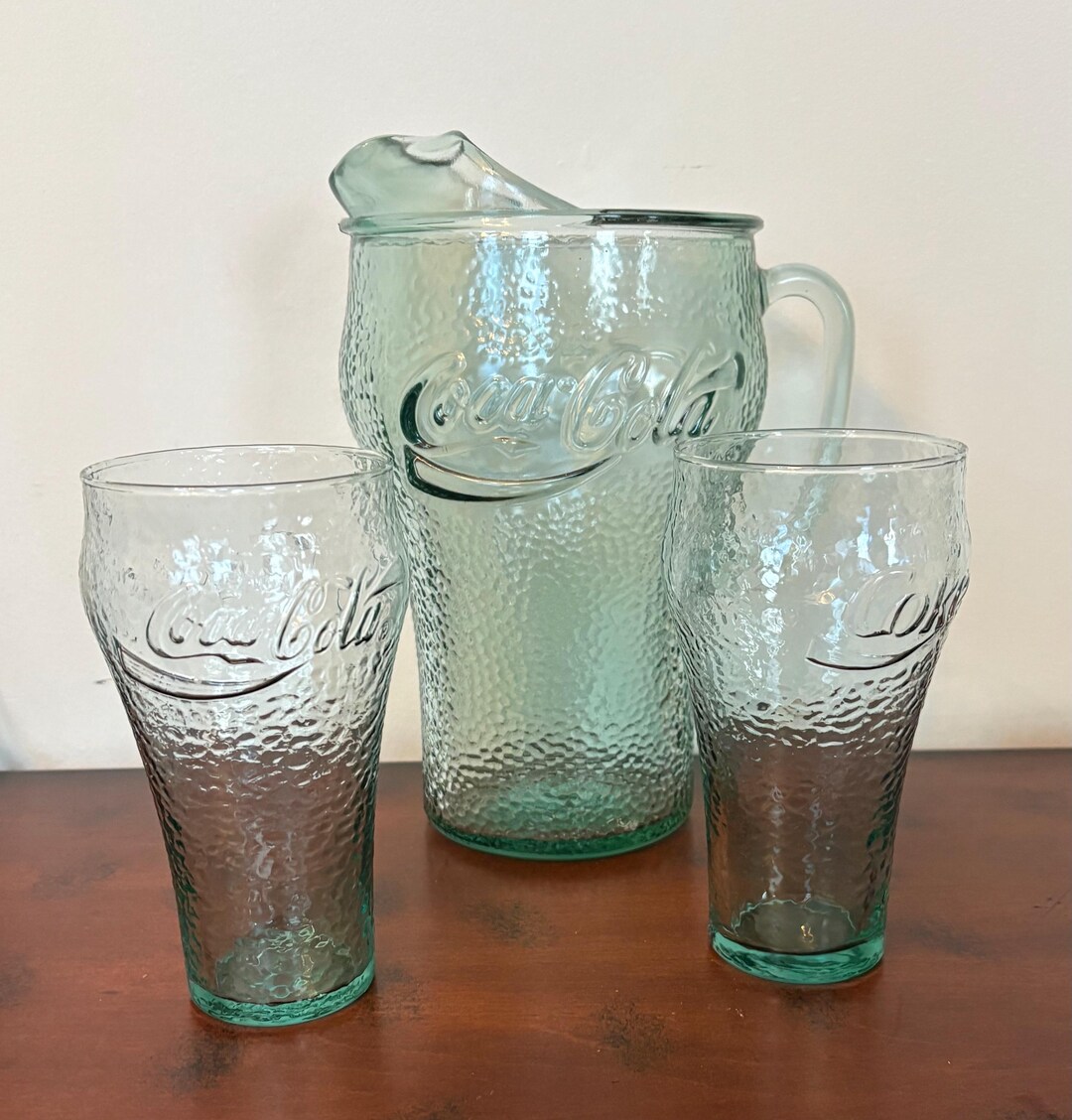 Vintage Clear Pebbled Glass Coca Cola Pitcher and 2 Glasses - Etsy
