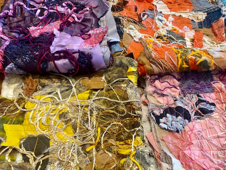 Handcrafted Fabric Scrap Collage Unique Textile Art for Quilting ...