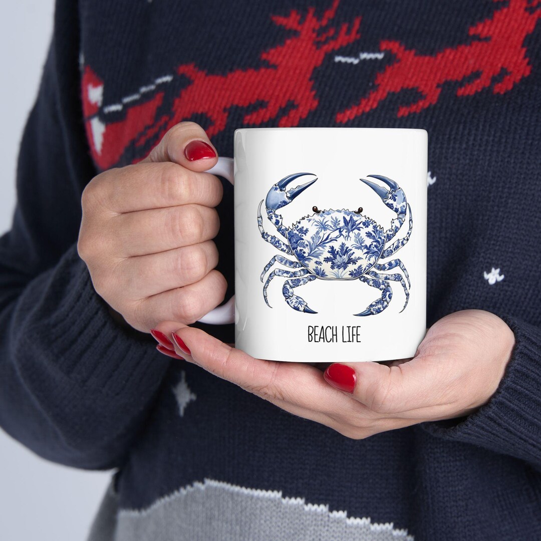 Blue Chinoiserie Crab Coffee Mug - Beach Life Coffee Mug, Coastal ...