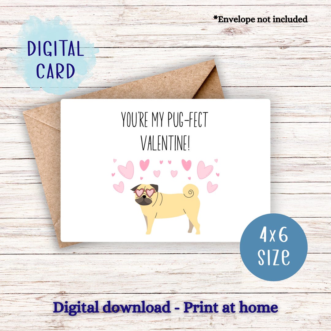 Cute Pug Greeting Card, Printable Valentines Day Card, Pug Card ...
