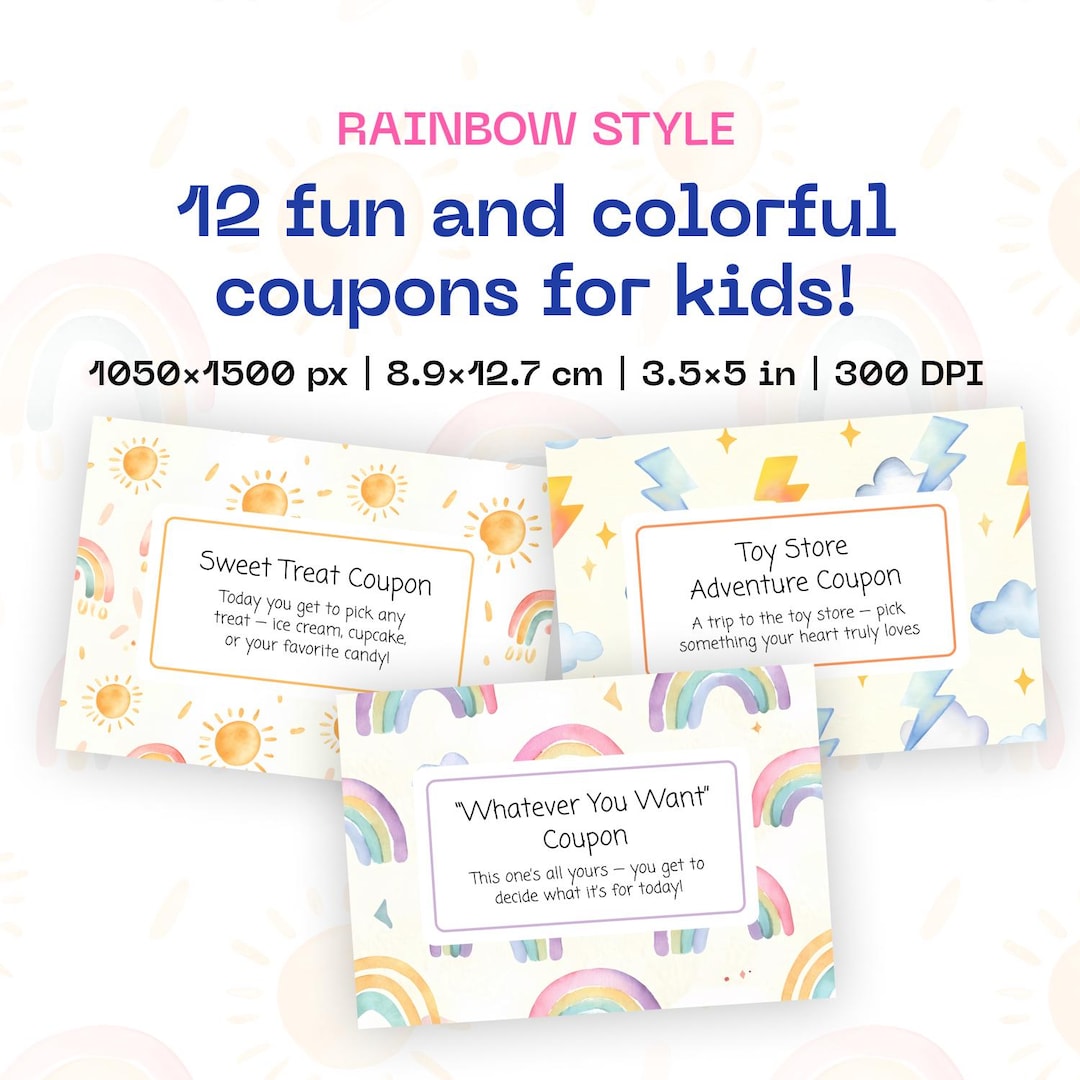 12 Printable Kids Coupons — Rainbow Style Fun Ticket Bundle - Etsy