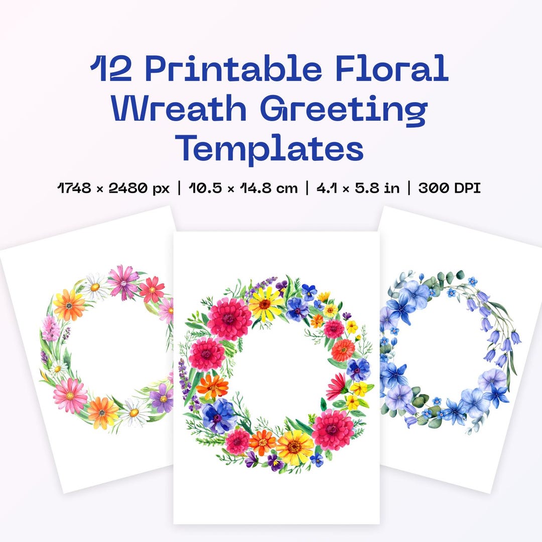 12 Printable Floral Wreath Greeting Card Templates — A6 Watercolor ...