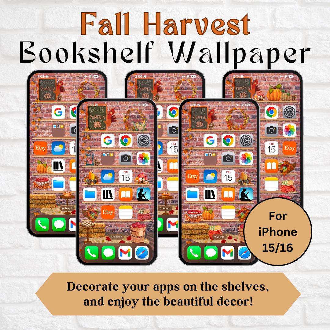 FALL HARVEST Bookshelf Wallpaper for iPhone 15/16 Ios18 [set of 5 ...