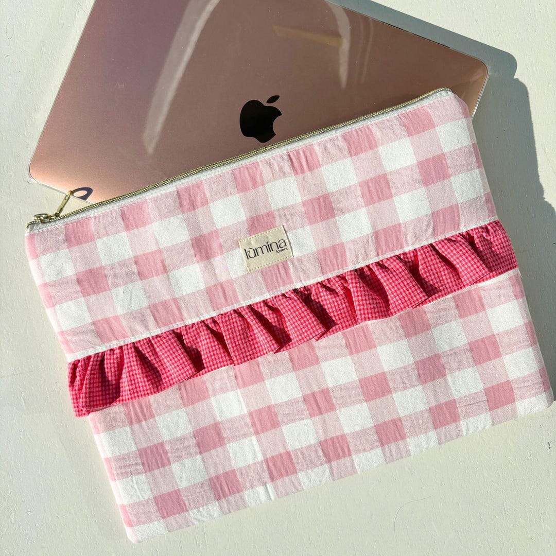 Pink Gingham Ruffle Laptop Sleeve, MacBook Dell Asus Lenovo Samsung ...