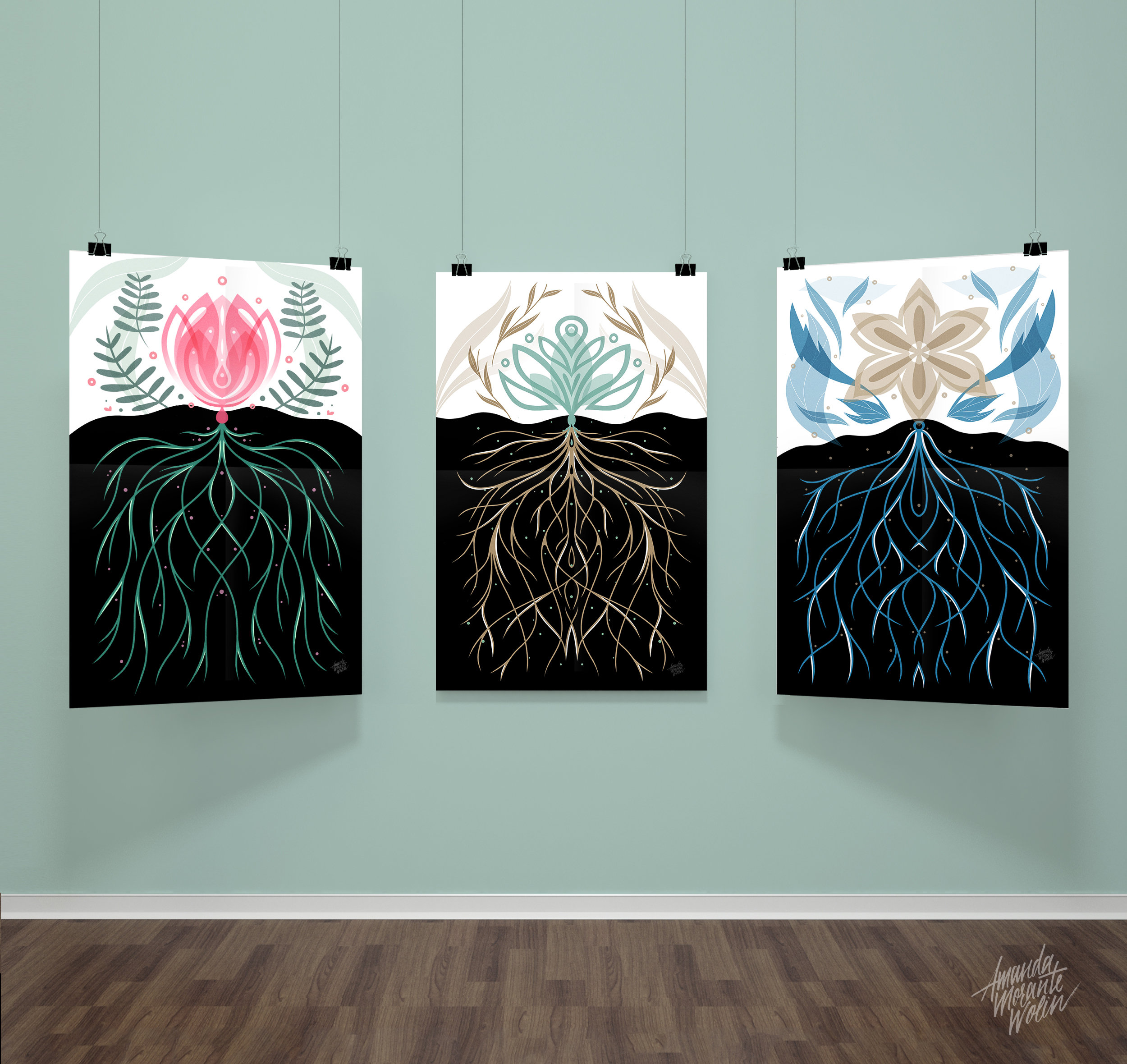 Root Systems Poster: Green, 11x17 Art, Flower Decor, Triptych, Plant ...