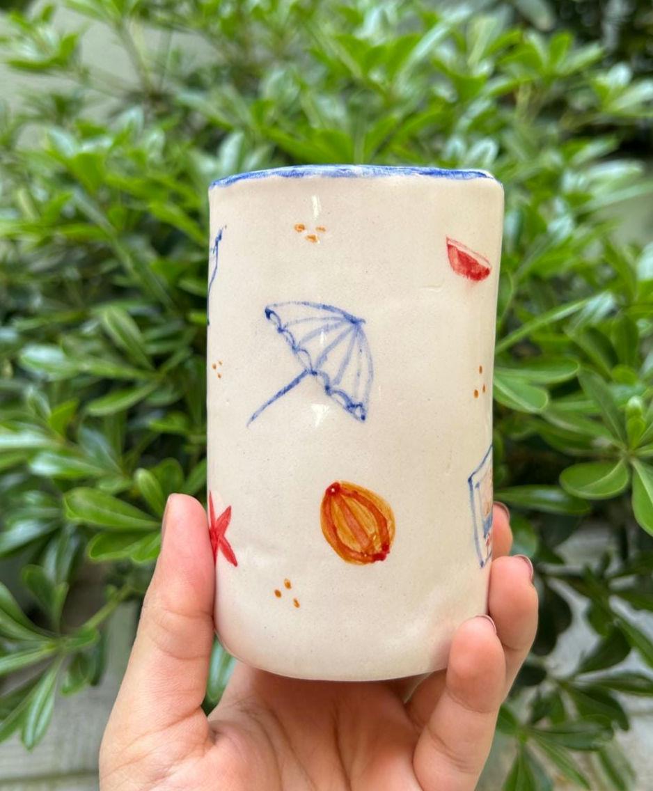 Handmade Summer Travel Mug | Beach Vibes Ceramic Tumbler | Hand-painted ...