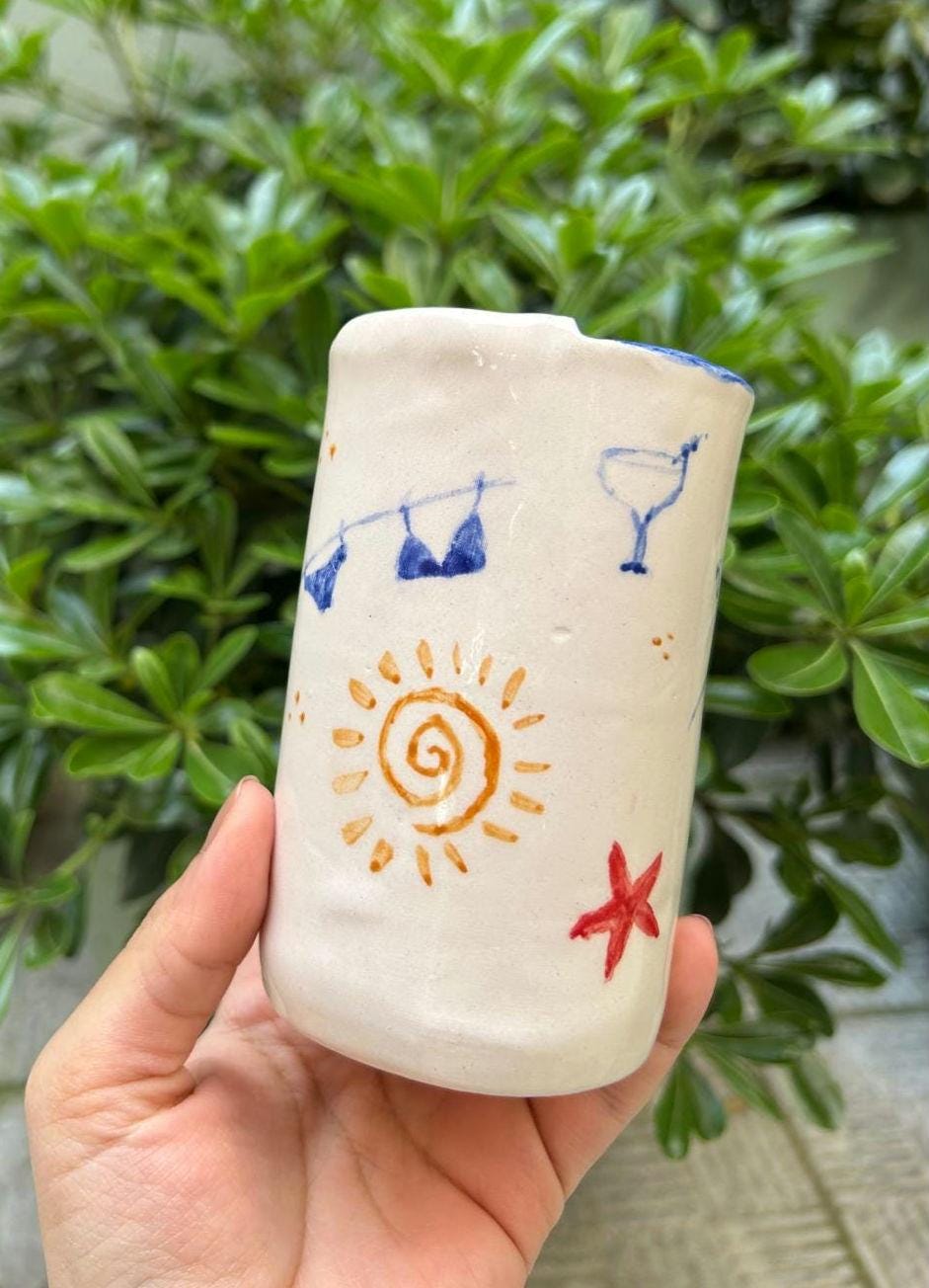 Handmade Summer Travel Mug | Beach Vibes Ceramic Tumbler | Hand-painted ...