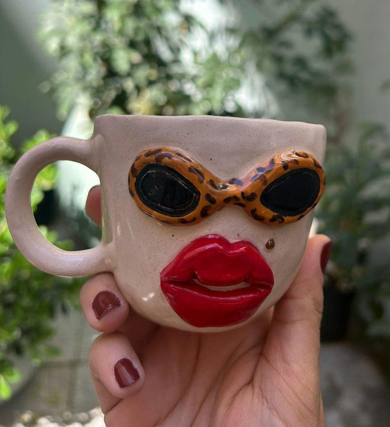 Ceramic Mug With a Face - Funky Handmade Ceramic Mug With Red Lips ...