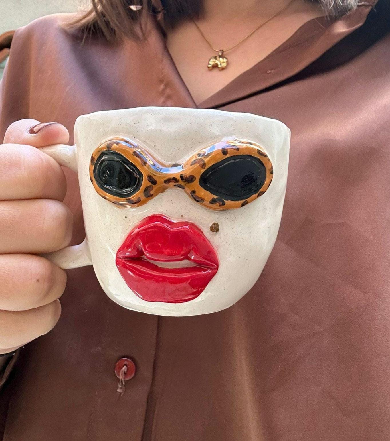 Ceramic Mug With a Face - Funky Handmade Ceramic Mug With Red Lips ...