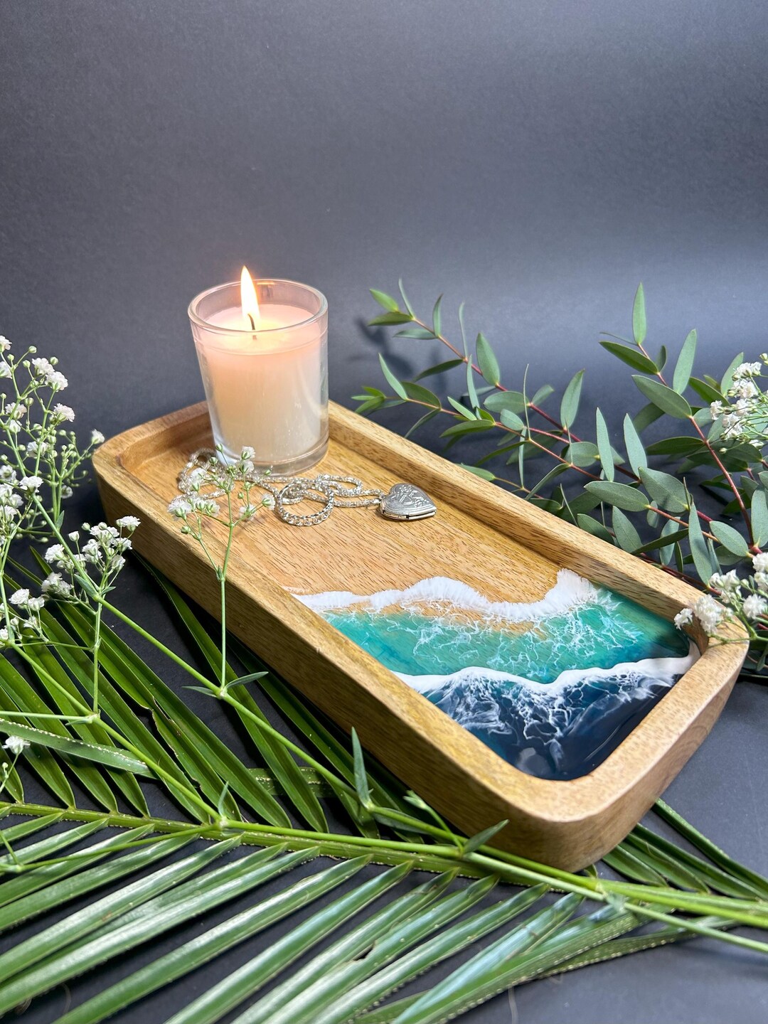Ocean Resin Small Tray, Jewelry Dish, Key Holder, Coaster, Mango Wood ...