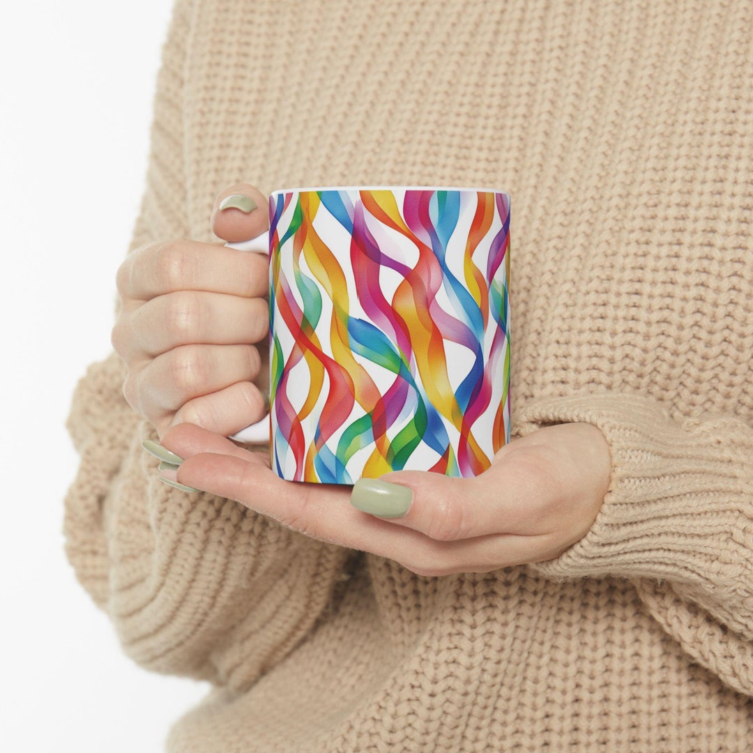 Watercolor Streamer Pattern Ceramic Mug - Colorful Coffee Cup for Home ...