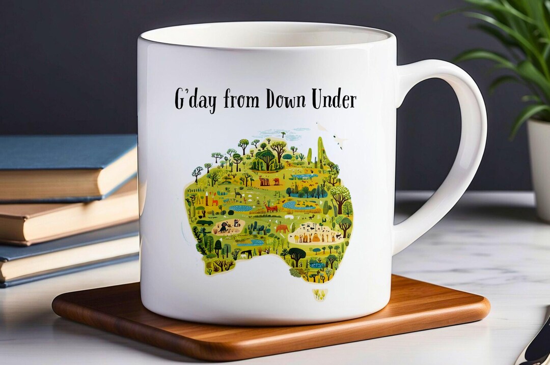 Australia Themed Ceramic Mug - G'day From Down Under, Aussie Coffee Cup ...