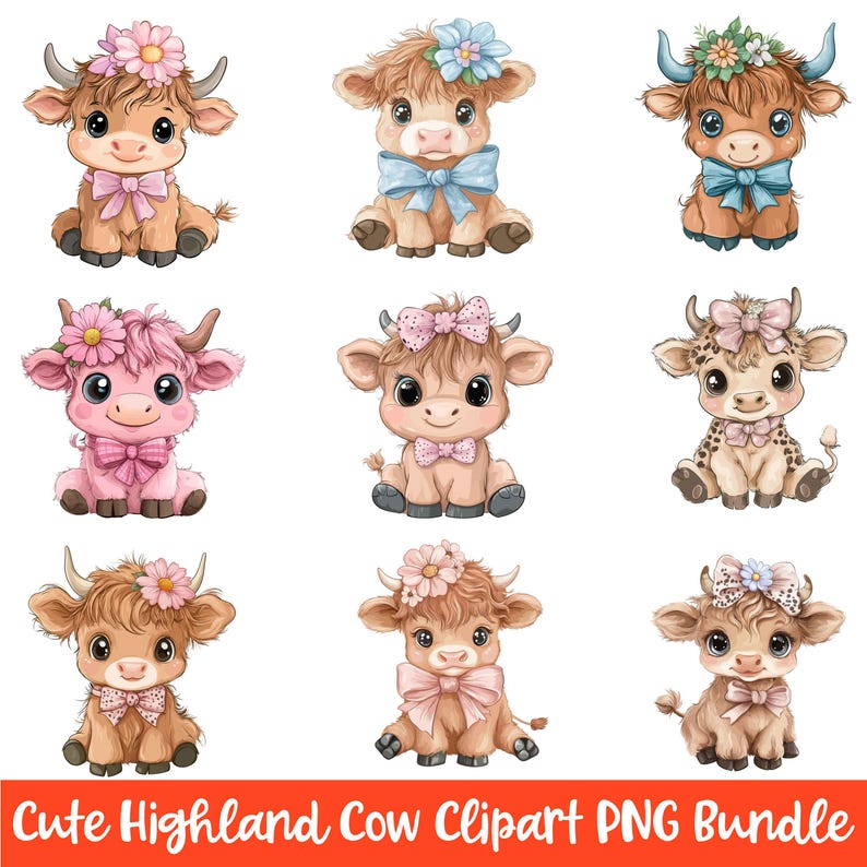 Cute Highland Cow Clipart Bundle | Baby Cow PNG | Watercolor Farm ...
