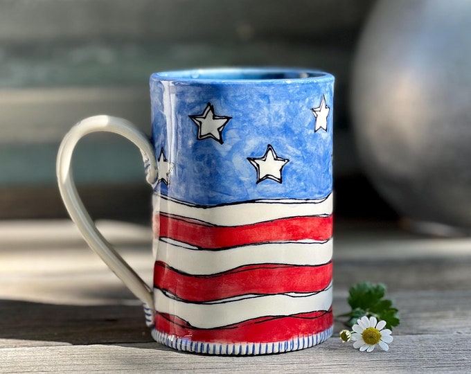 American Flag Pottery Mug With Stars and Stripes, USA Large Coffee Mug ...