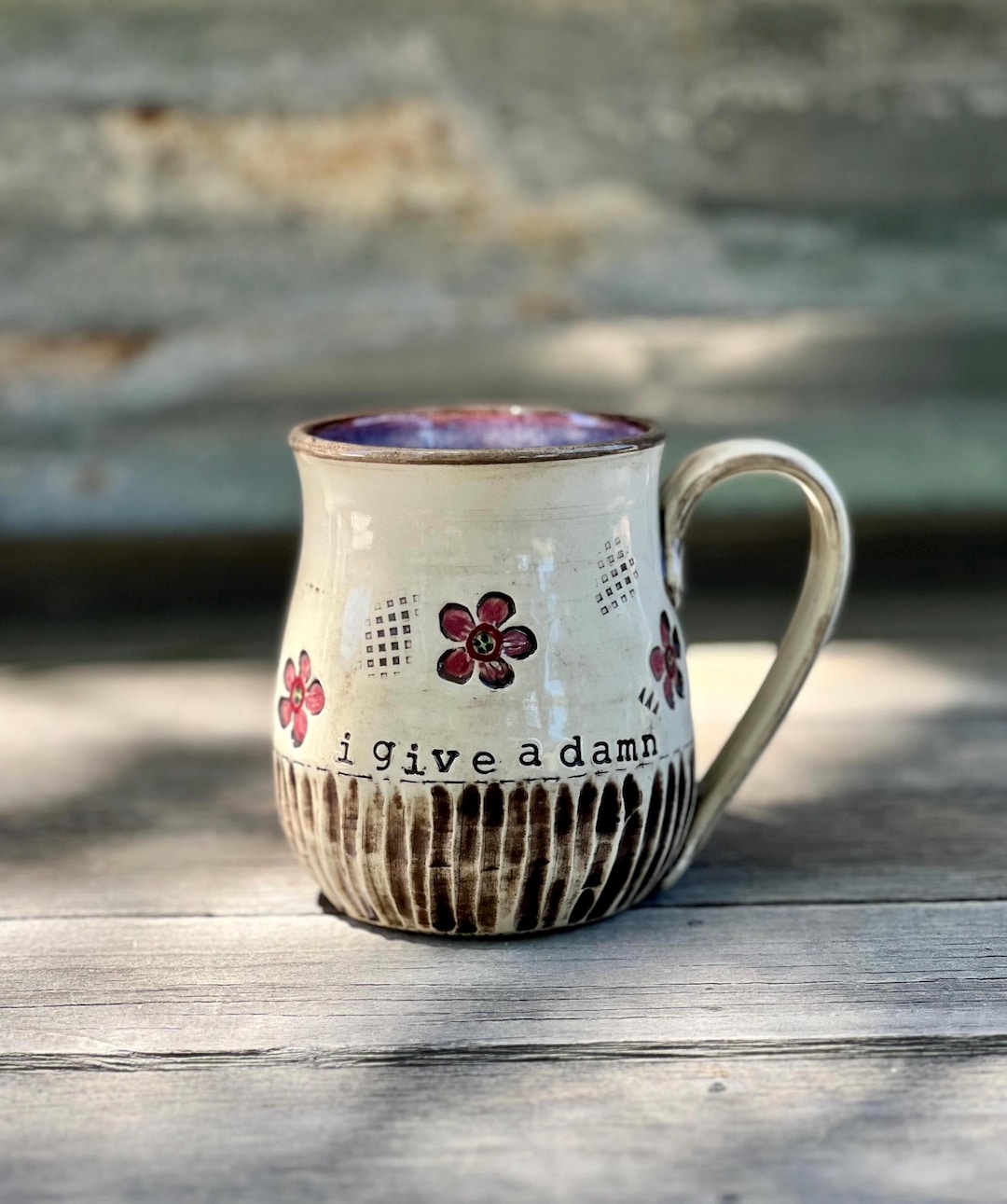 Pottery Mug, I Give a Damn Inscribed, Pink Flowers, Sassy Coffee Cup ...