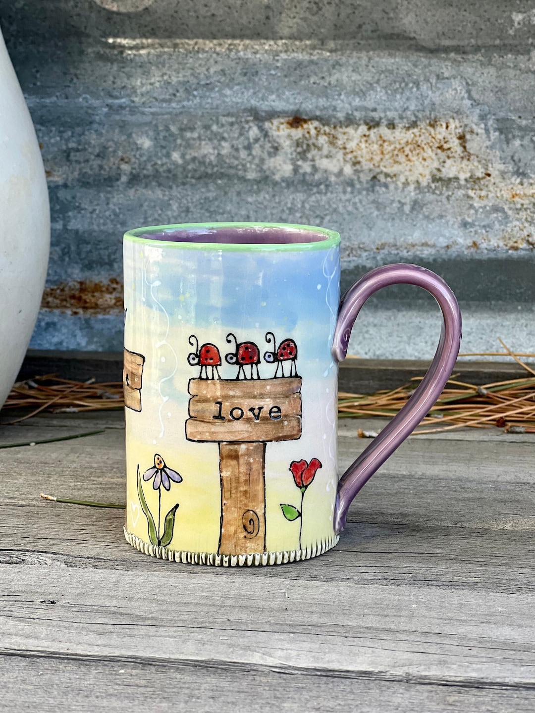 Porcelain Art Mug With Faith Hope Love Inscribed, Whimsical Garden Mug ...