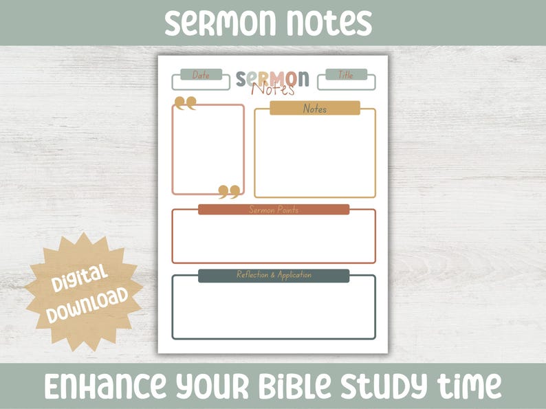 Sermon Notes Printable Template: Bible Study, Church Notes (digital ...