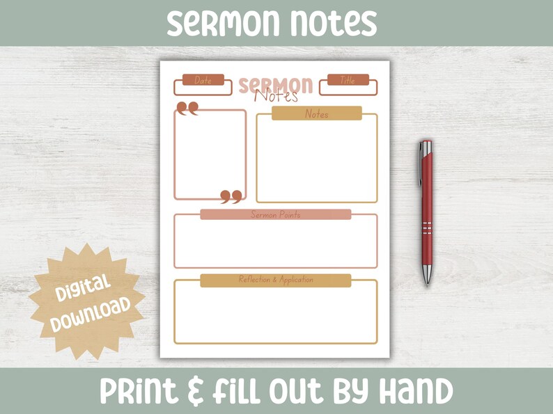 Sermon Notes Printable Template: Bible Study, Church Notes (digital ...