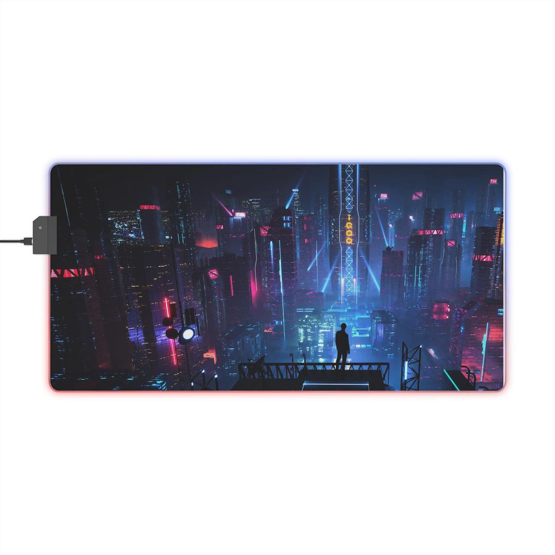 Mouse Pad, Man Overlooking Neon-lit City Design, LED Gaming Desk Mat ...