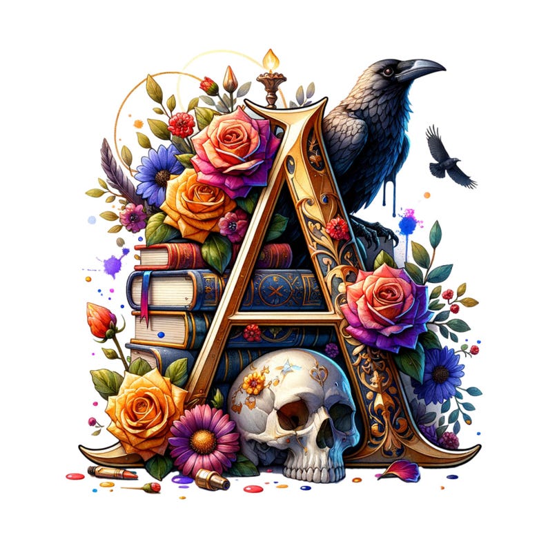 Gothic Letter A, Watercolor PNG, Decorative Crow Roses Skull ...