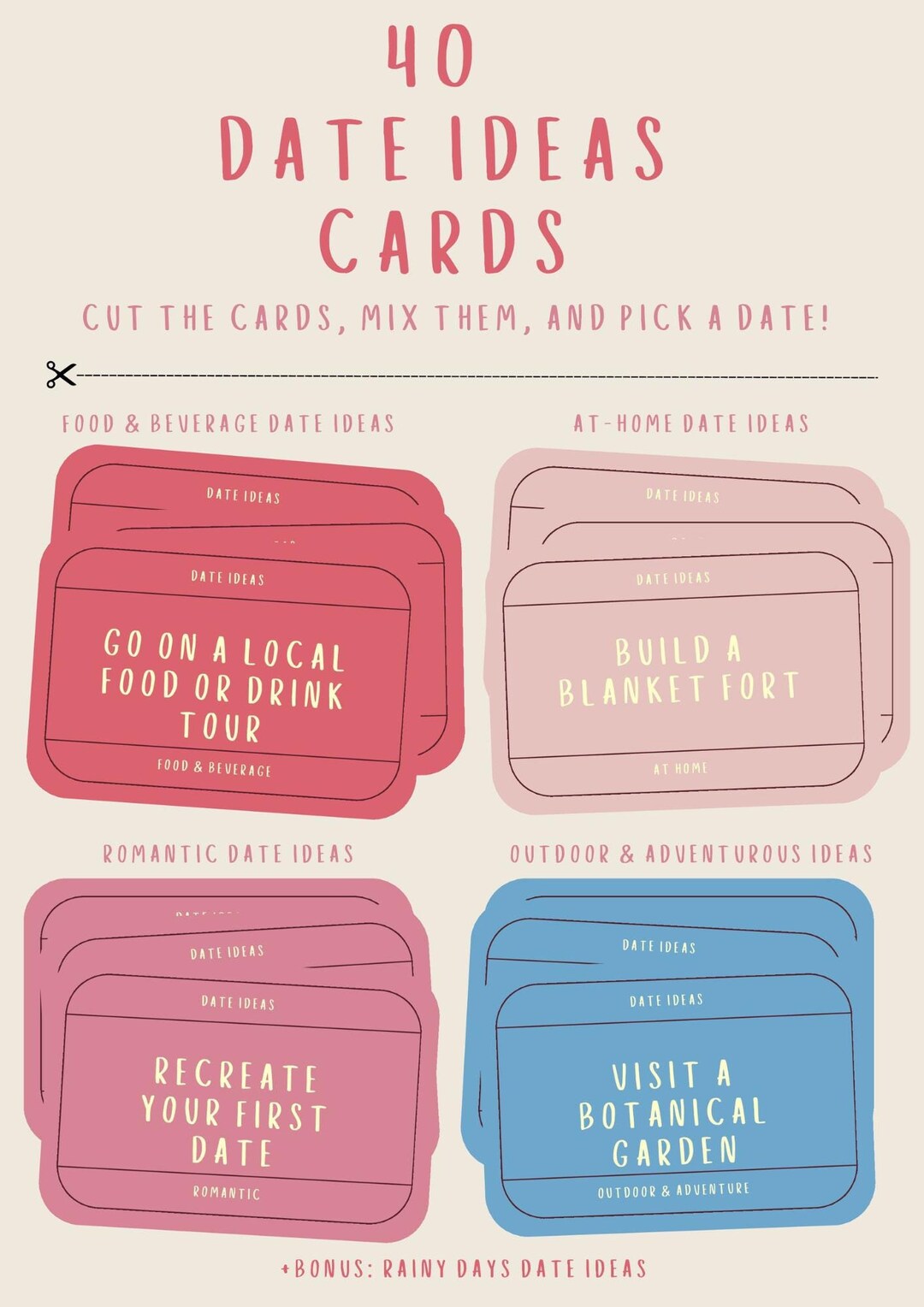 40 Instant Printable Date Ideas Cards for Lovers Ll Low Budget Gift Ll ...