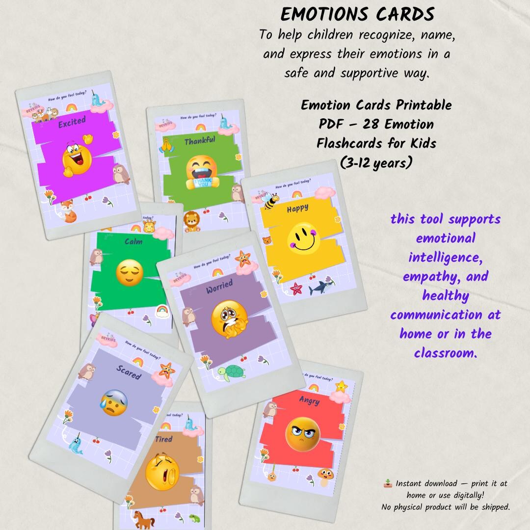Emotion Cards Printable PDF – 28 Emotion Flashcards for Kids (3‑12years ...