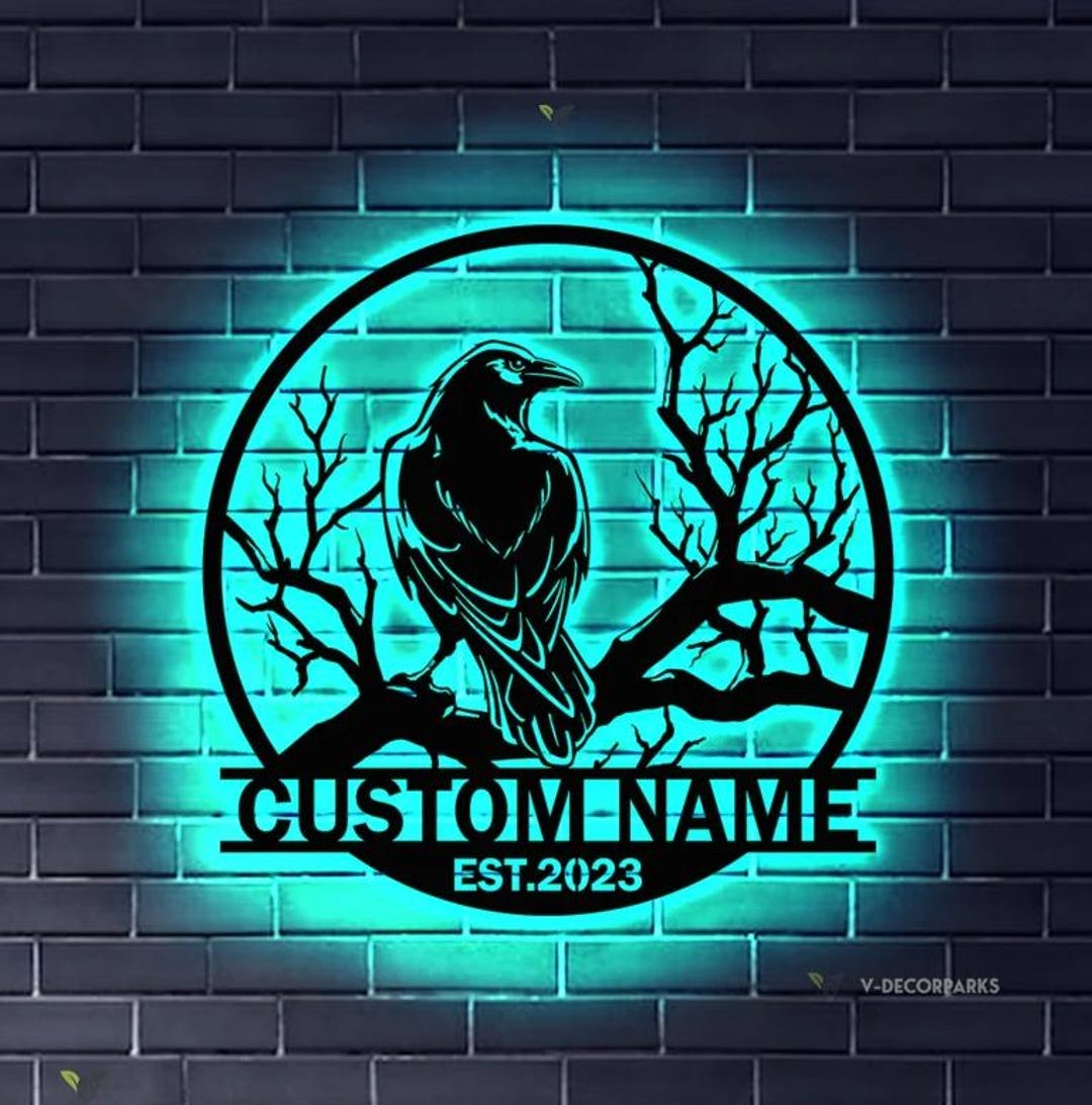 Personalized Raven Metal Wall Art With LED Light, Custom Crow Moon Name ...