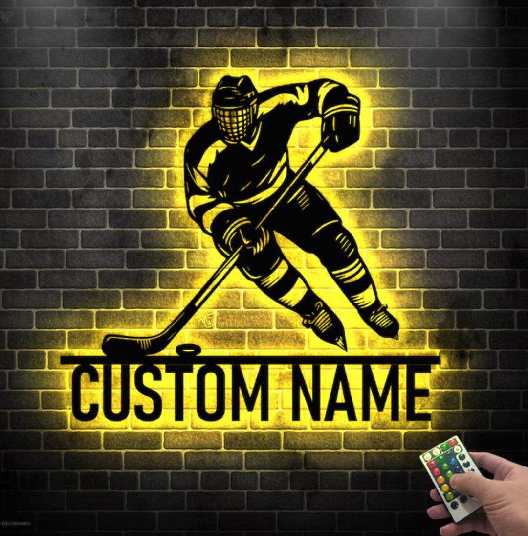Personalized Hockey Metal Wall Art LED Light, Hockey Player Name Sign ...