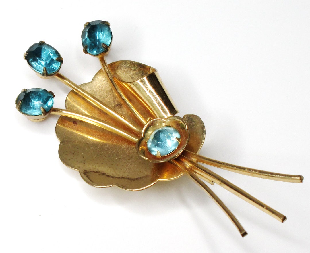 CORO Aqua Rhinestone Floral Brooch, Vintage Retro 1940's Jewelry - Etsy