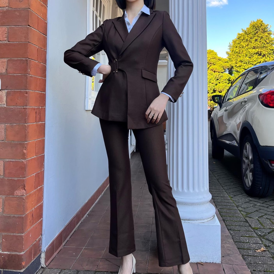 Bespoke Custom / Ready Made Women Dark Brown Formal Pant Suit Set ...