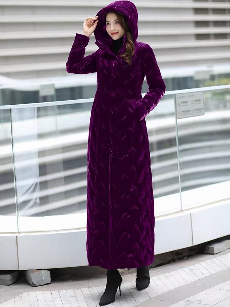 Plum Dark Purple Long Hooded Down Jacket, Plus Size Women Winter Puffer ...
