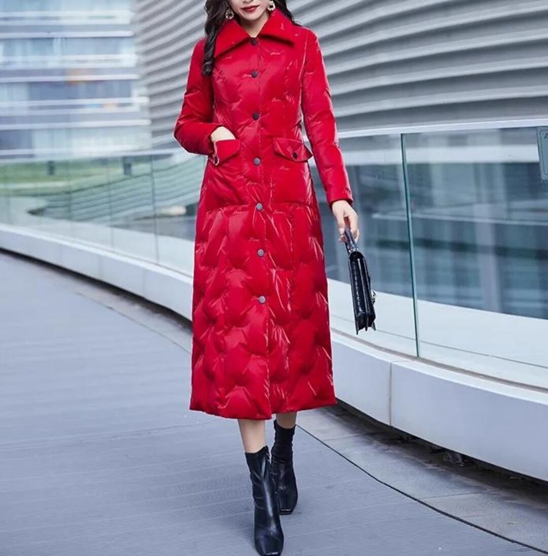 Red Long Down Jacket, Scarlet Red Plus Size Women Winter Puffer Coat ...