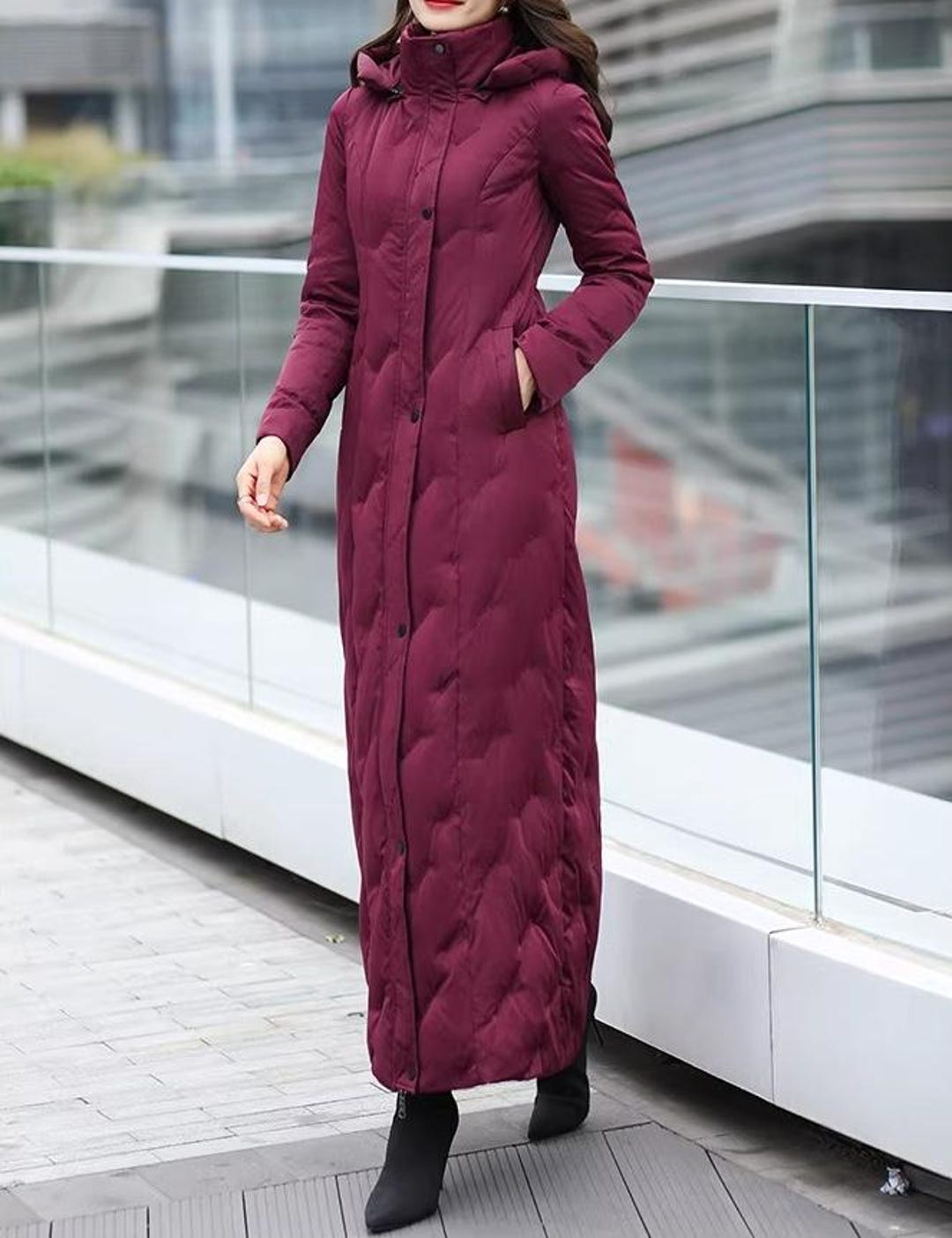 Claret Red Long Hooded Down Jacket, Plus Size Women Winter Puffer Coat ...