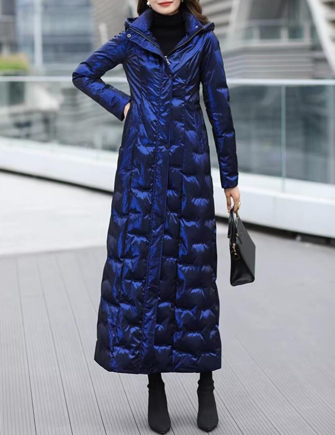 Navy Blue Glossy Long Hooded Down Jacket, Plus Size Women Winter Puffer ...