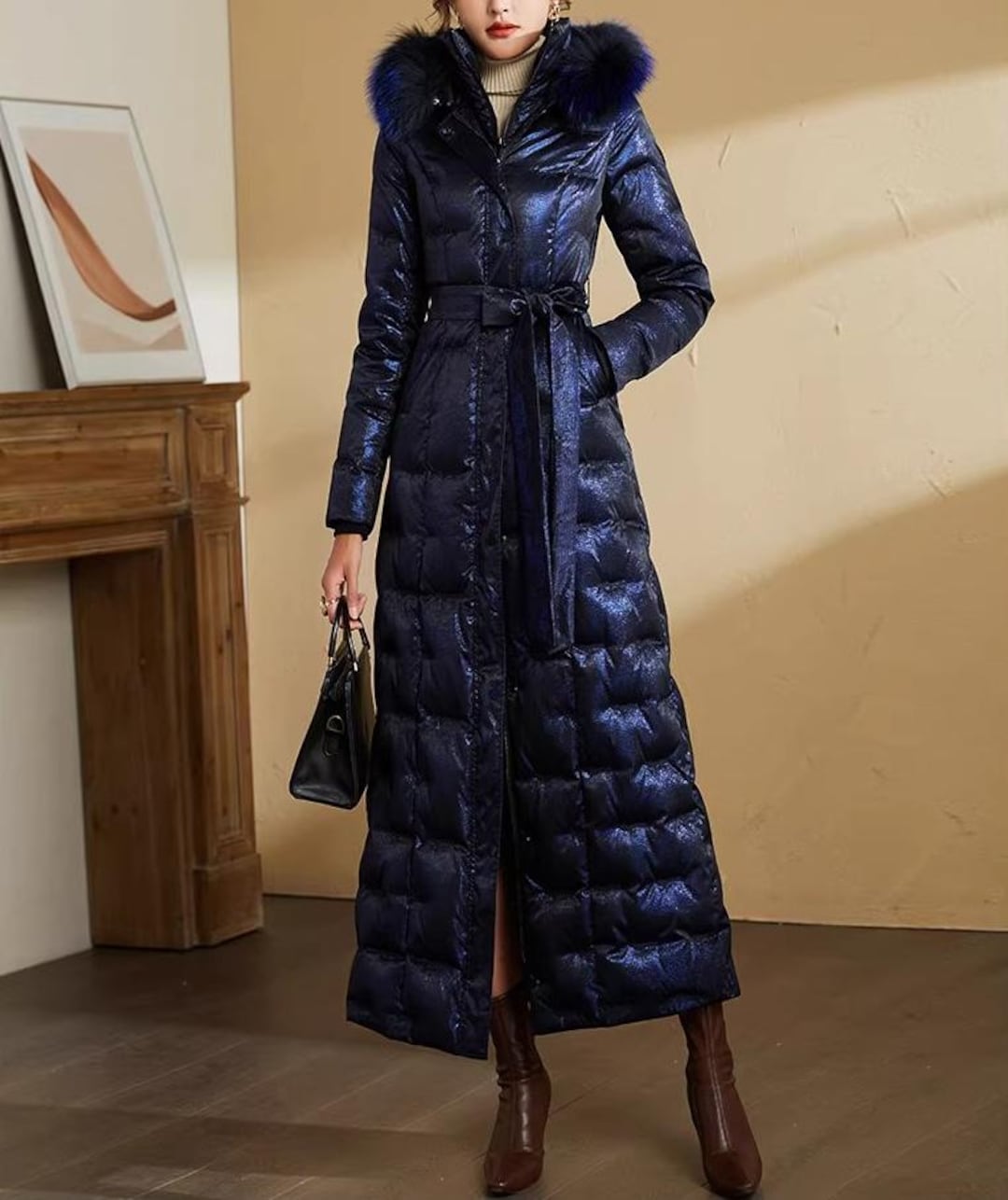 Blue Shimmer Long Hooded Down Jacket, Plus Sizes Women Winter Puffer ...
