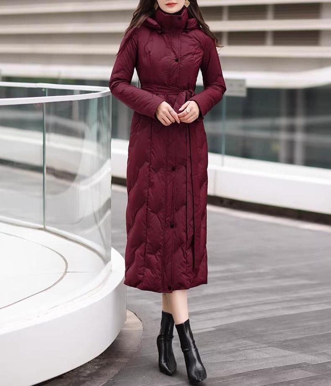 Claret Red Long Hooded Down Jacket, Plus Size Women Winter Puffer Coat ...