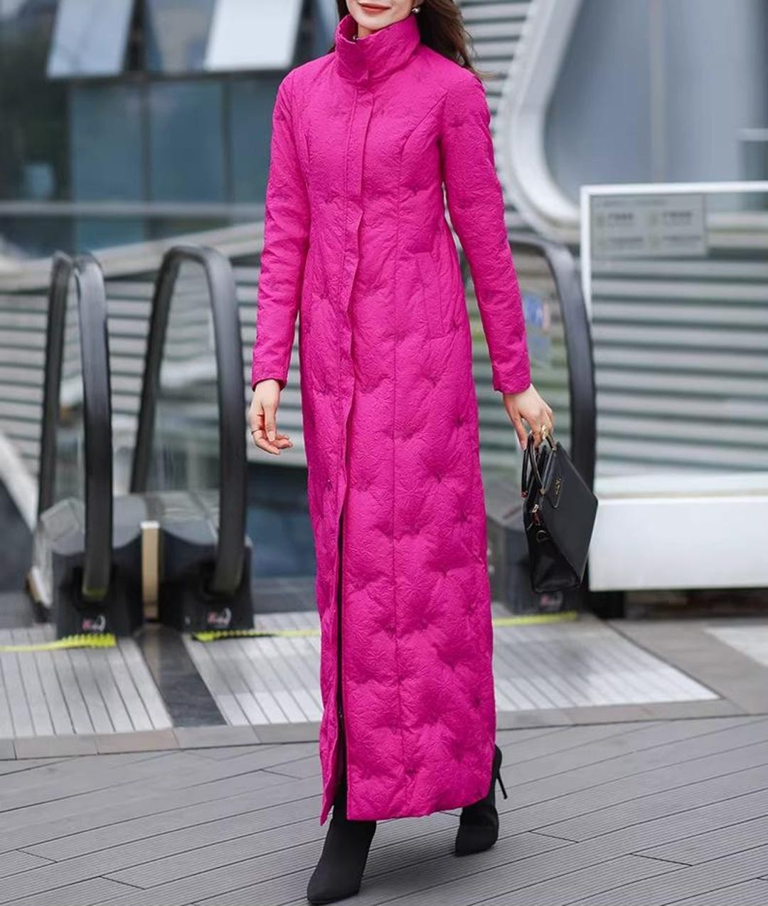 Rose Red Long Down Jacket, Plus Size Women Winter Puffer Coat, Maxi ...